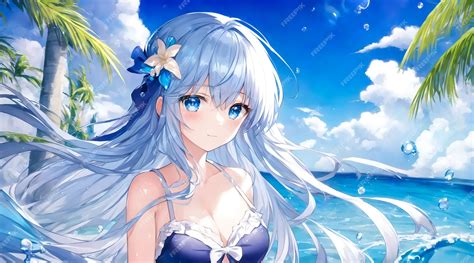 Premium Ai Image Sexy Anime Japanese Girl Big Blue Eyes On Sea