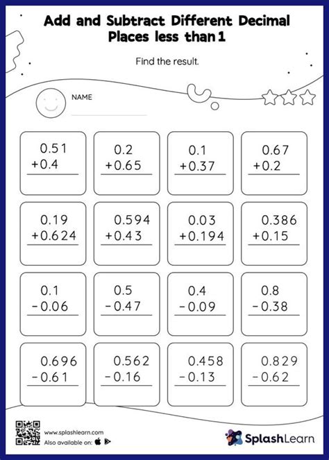 add and subtract different decimal places less than 1 vertical math worksheets splashlearn