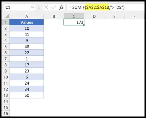 sum greater than values using sumif excel formula