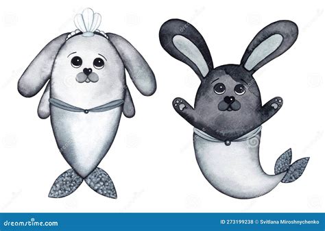 Two Watercolor Fantasy Mermaid Bunnies Stock Illustration Illustration Of Texture Fantasy