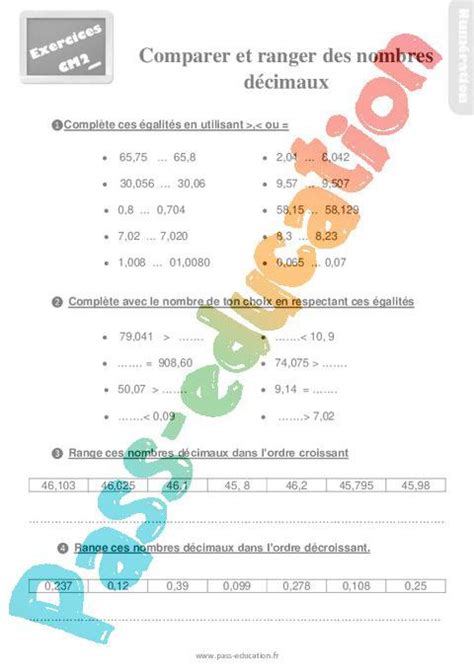 Comparer et ranger des nombres décimaux Cm2 Exercices avec les