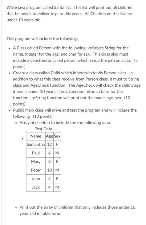 solved write java program called santa list this list will