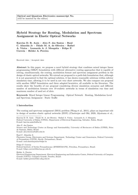 pdf hybrid strategy for routing modulation and spectrum assignment in elastic optical networks
