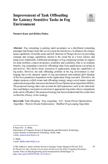 pdf improvement of task offloading for latency sensitive tasks in fog environment shikha