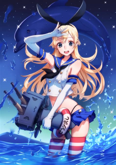 Kantai Collection Shimakaze Kancolle Anime Girls Blonde Long Hair Water Arms Up Anime Wallpaper