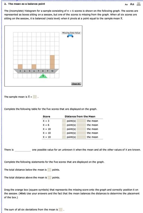solved the mean as balance point the incomplete histogram for a sample consisting of n scores