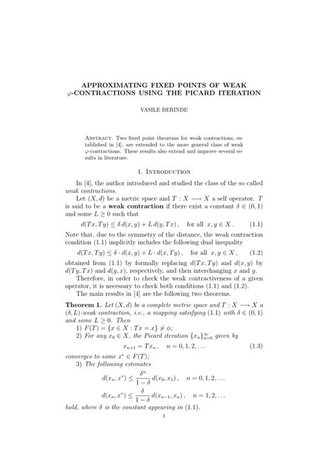 pdf approximating fixed points of weak contractions using picard iteration