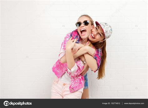 Two Friends Posing Modern Lifestyle Two Stylish Sexy Hipster Girls Best Friends Ready For