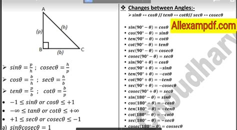 trigonometry formula sheet pdf