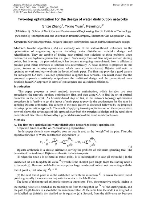two step optimization for the design of water distribution networks scientific