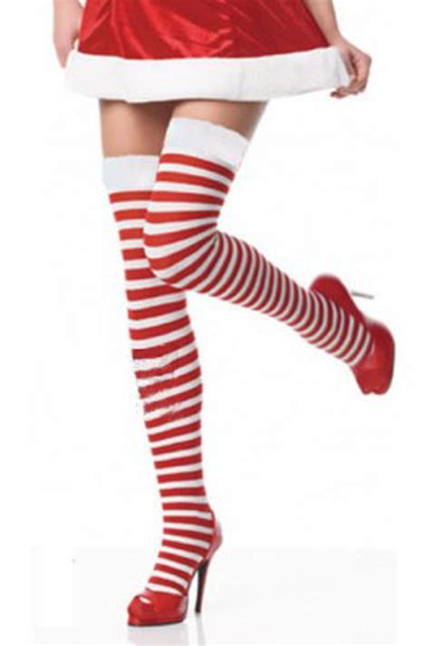 Christmas Holiday Thigh High Stockings With Red And White Horizontal Stripes