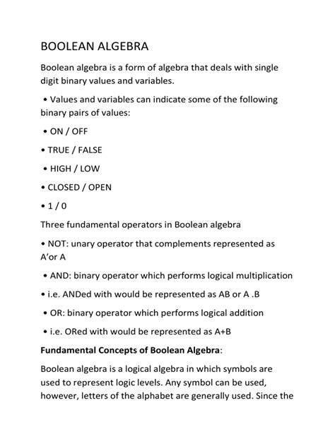 fundamentals of boolean algebra binary logic operators and applications pdf teaching