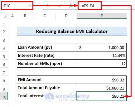 Reducing Balance EMI Calculator In Excel Sheet Create With Easy Steps