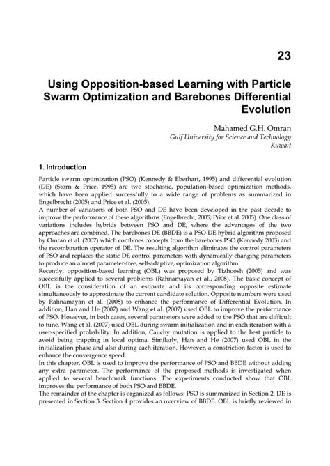 pdf using opposition based learning with particle swarm optimization and barebones