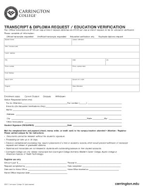 Fillable Online TRANSCRIPT DIPLOMA REQUEST EDUCATION VERIFICATION