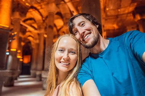 Happy Couple Enjoying Beautiful Cistern In Istanbul Cistern Underground Water Reservoir Build