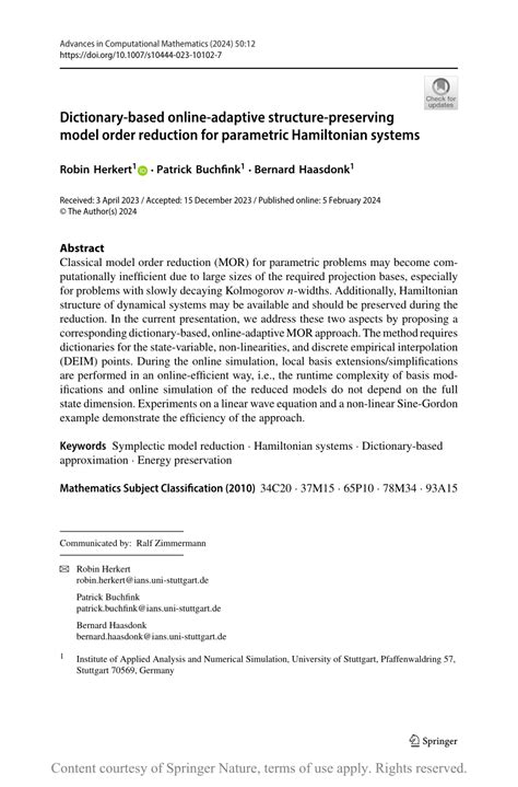 pdf dictionary based online adaptive structure preserving model order reduction for parametric