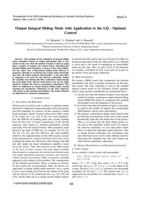 pdf output integral sliding mode with application to the lq optimal control