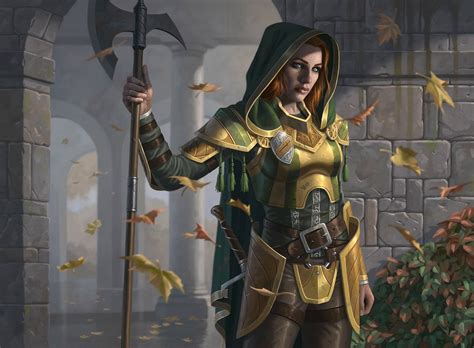 F Cleric Med Armor Cloak Halberd Urban City Street Evening Temple Med 187 Fantasy Female
