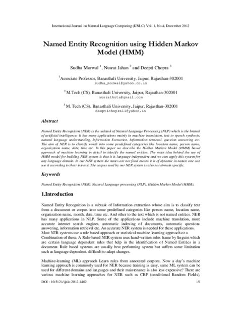 pdf named entity recognition using hidden markov model hmm nusrat jahan