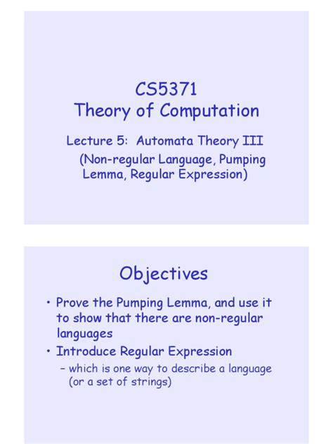 cs5371 theory of computation lecture 5 automata theory iii non regular language pumping