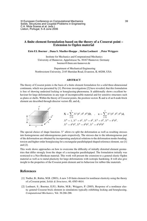 pdf a finite element formulation based on the theory of a cosserat point — extension to ogden