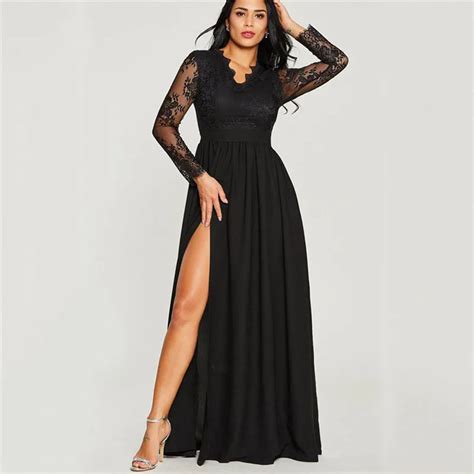 Women Formal Lace Maxi Dress Elegant Long Sleeve Lace Party Ball Gown Long Dress Tunic Split