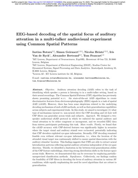 pdf eeg based decoding of the spatial focus of auditory attention in a multi talker