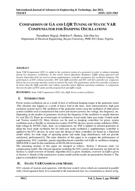 pdf comparison of ga and lqr tuning of static var compensator for damping oscillations