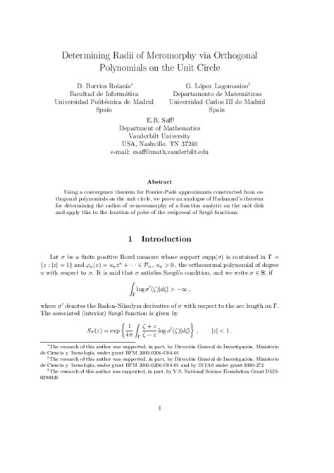 pdf determining radii of meromorphy via orthogonal polynomials on the unit circle edward