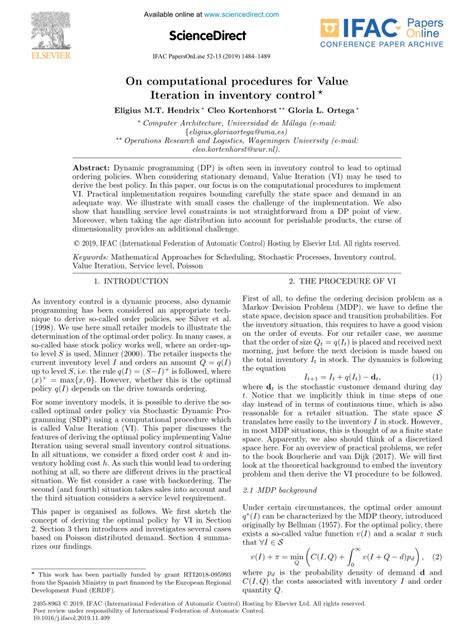 pdf on computational procedures for value iteration in inventory control