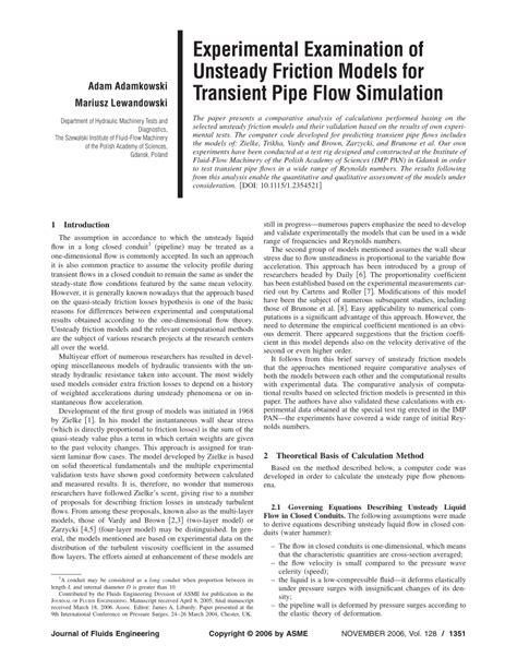 pdf experimental examination of unsteady friction models for transient pipe flow simulation