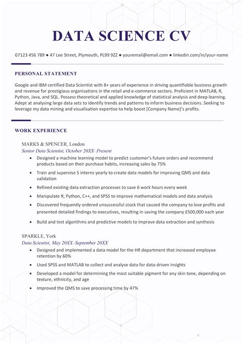 Data Science CV Template Example Writing Tips