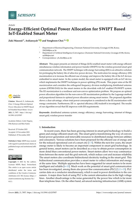 [pdf] energy efficient optimal power allocation for swipt based iot enabled smart meter