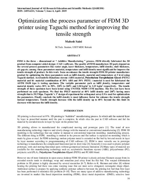 pdf optimization the process parameter of fdm 3d printer using taguchi method for improving