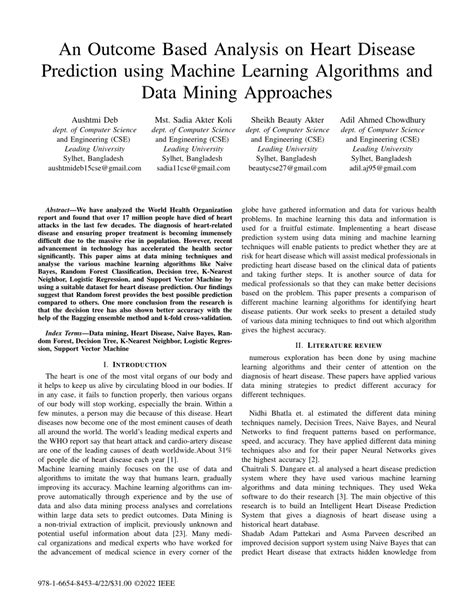 pdf an outcome based analysis on heart disease prediction using machine learning algorithms