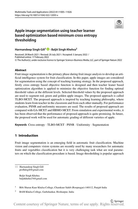 apple image segmentation using teacher learner based optimization based minimum cross entropy