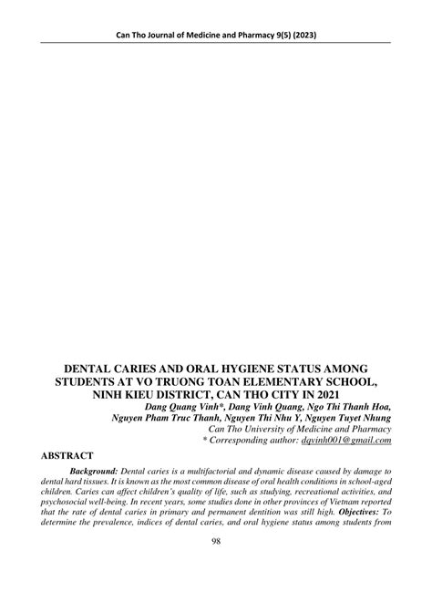 Pdf Dental Caries And Oral Hygiene Status Among Students At Vo Truong