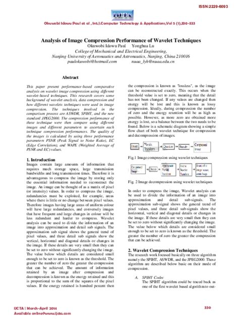 pdf analysis of image compression performance of wavelet techniques okuwobi idowu paul