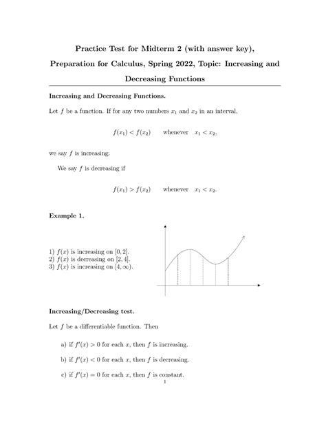 midterm 22 increasing and decreasing functions practice test for midterm 2 with answer key