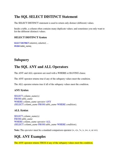 the sql select distinct statement pdf table database sql