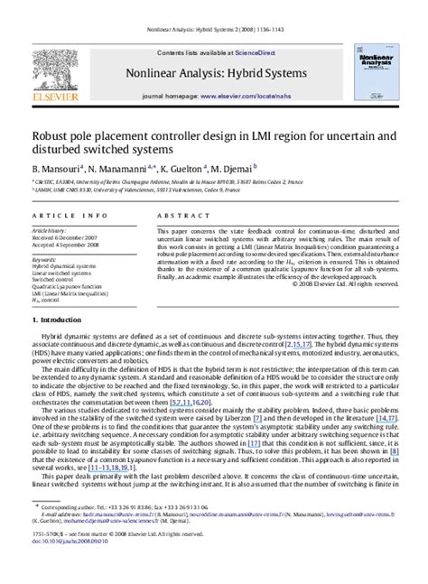 pdf robust pole placement controller design in lmi region for uncertain and disturbed switched