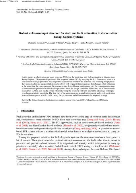 pdf robust unknown input observer for state and fault estimation in discrete time takagi