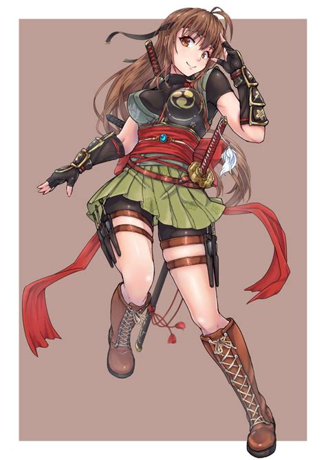 1girl Armor Bikeshorts Boots Breasts Browneyes Brownhair Fingerlessgloves Gloves Headband
