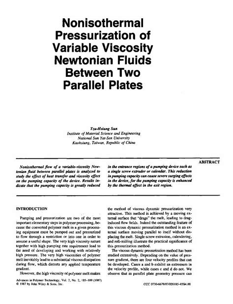 pdf nonisothermal pressurization of variable viscosity newtonian fluids between two parallel