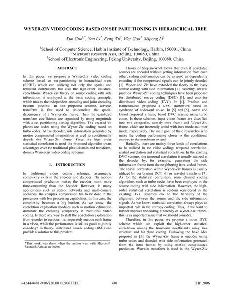 pdf wyner ziv video coding based on set partitioning in hierarchical tree