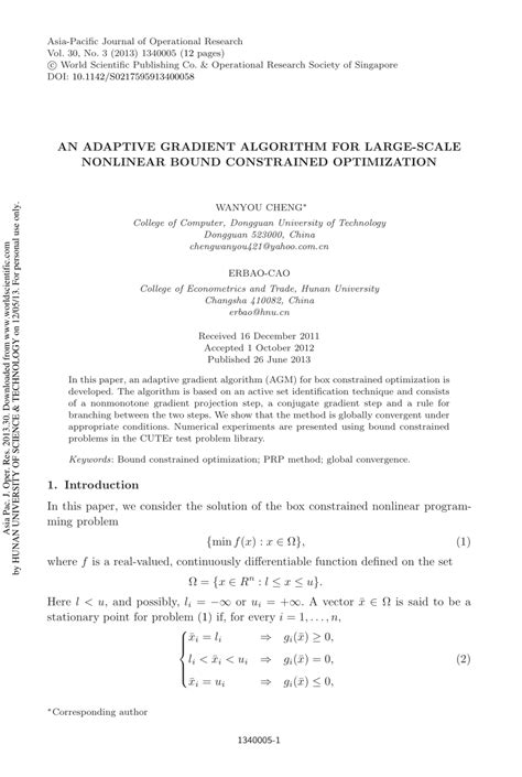 pdf an adaptive gradient algorithm for large scale nonlinear bound constrained optimization