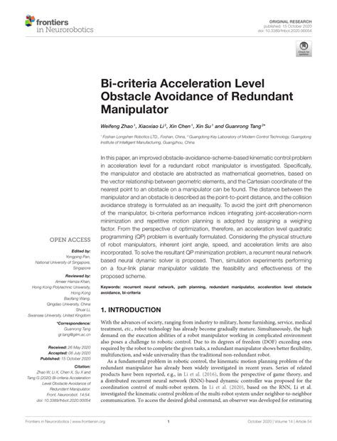 pdf bi criteria acceleration level obstacle avoidance of redundant manipulator
