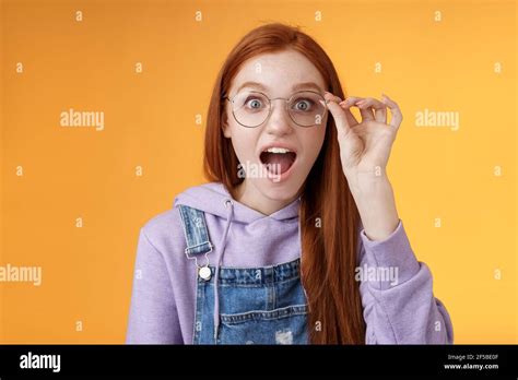 Omg So Cool Portrait Amazed Speechless Excited Redhead Girl Drop Jaw Amused Stare Camera