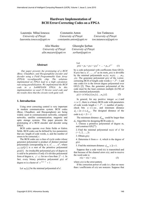 pdf hardware implementation of bch error correcting codes on a fpga